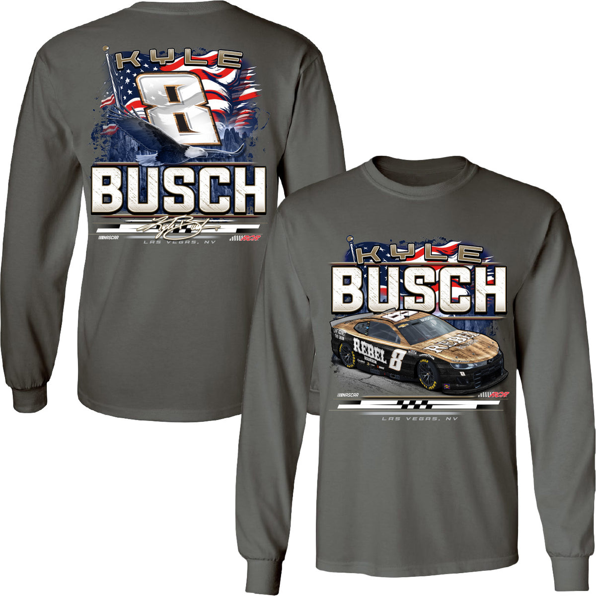 Kyle Busch 2025 Long Sleeve Rebel Bourbon Patriotic Eagle 2-Spot T-Shi ...