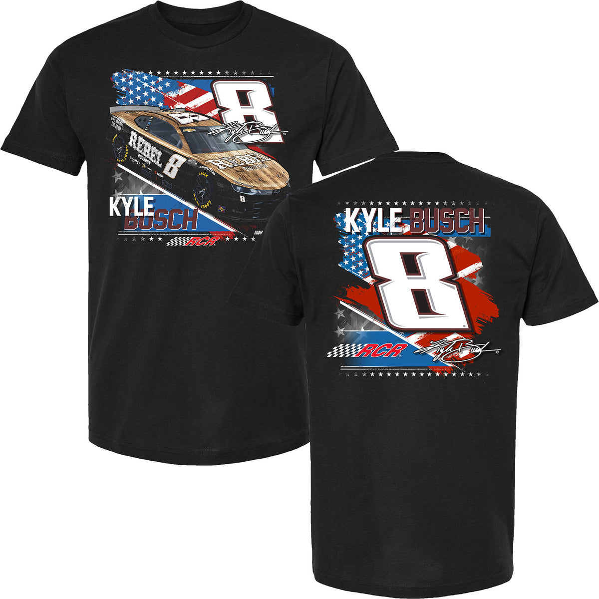 Kyle Busch 2025 Rebel Bourbon Patriotic Car T-Shirt Black L